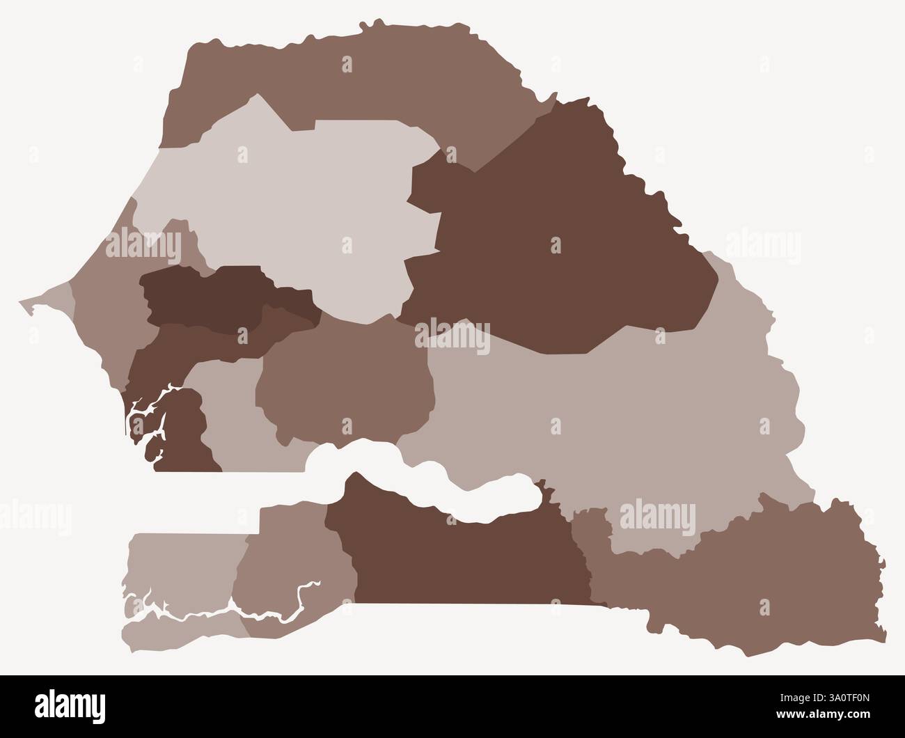 Map of Senegal with regions. Just a simple country border map with region division. Brown color ...
