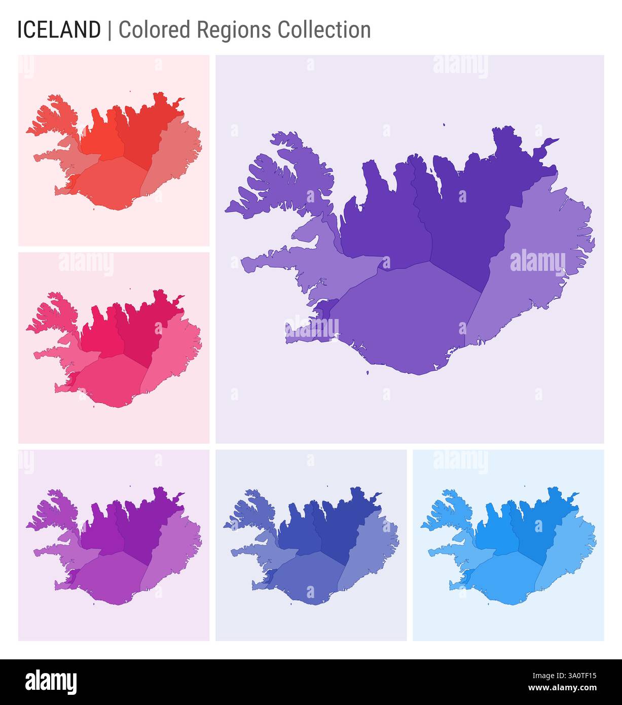 Iceland map collection. Country shape with colored regions. Deep Purple ...