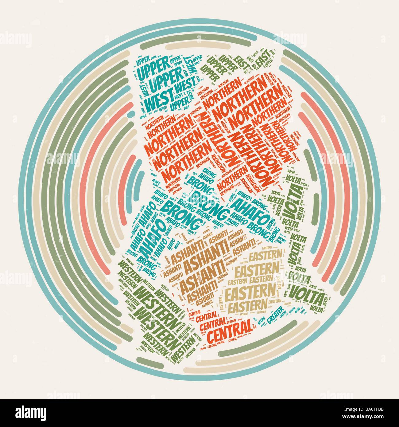 Ghana round poster. Typography style image of country. Regions word ...