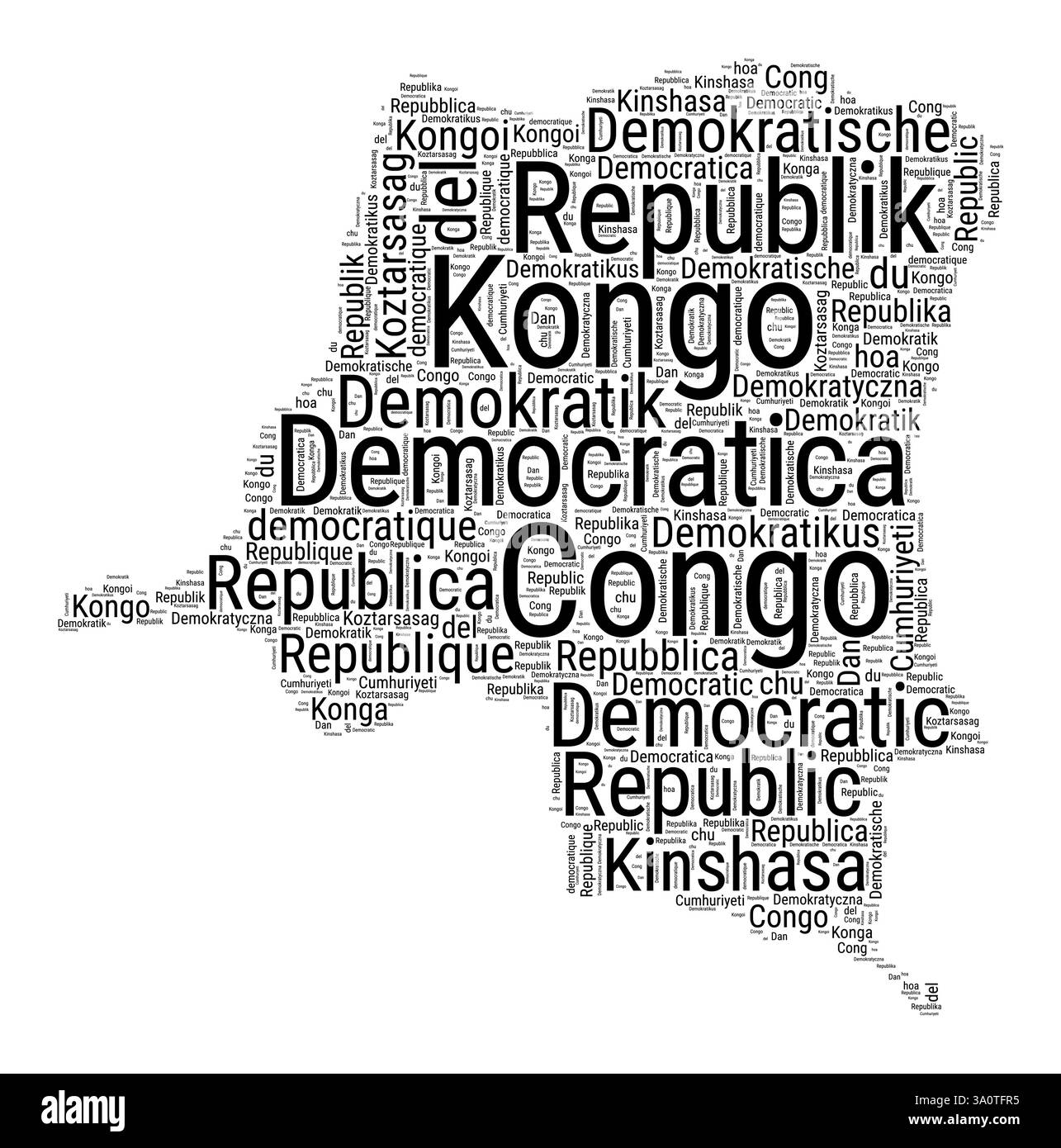 Black and white word cloud in DR Congo shape. Simple typography style ...