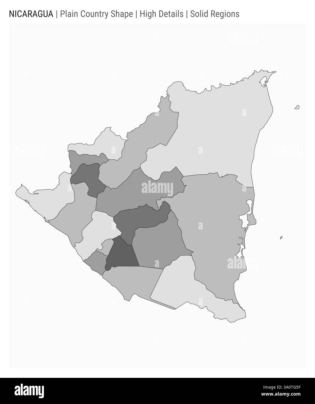 Nicaragua plain country map. High details. Solid regions style. Shape ...