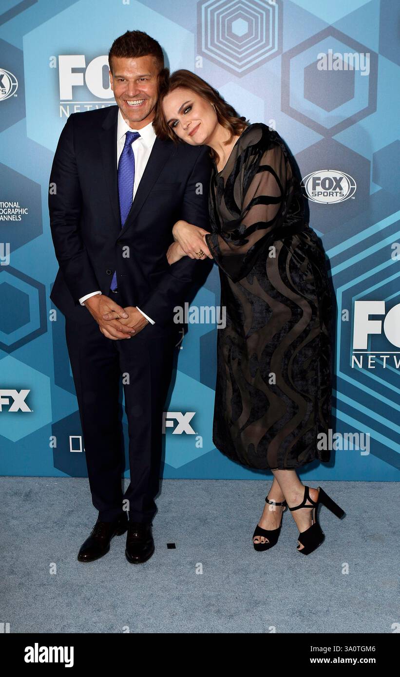 Emily Deschanel and David Boreanaz arriving at the 2016 Fox Upfront at ...