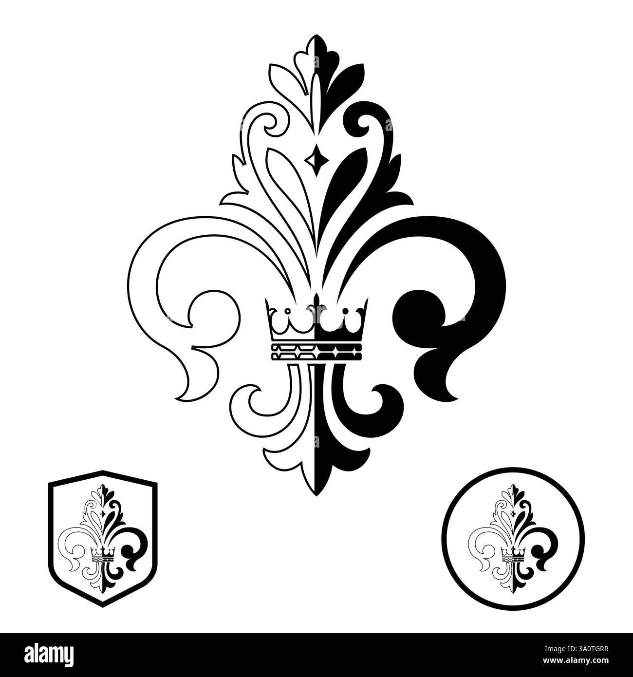 Black royal lily on a white background. Heraldic sign, logo, design element, decoration. Graphic ...