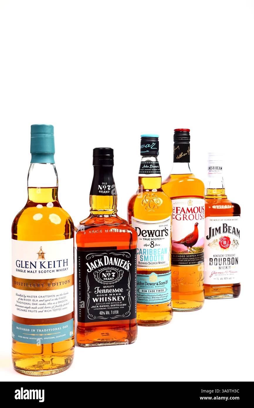 Variety of blended and single malt bottles of whisky and whiskies Stock ...
