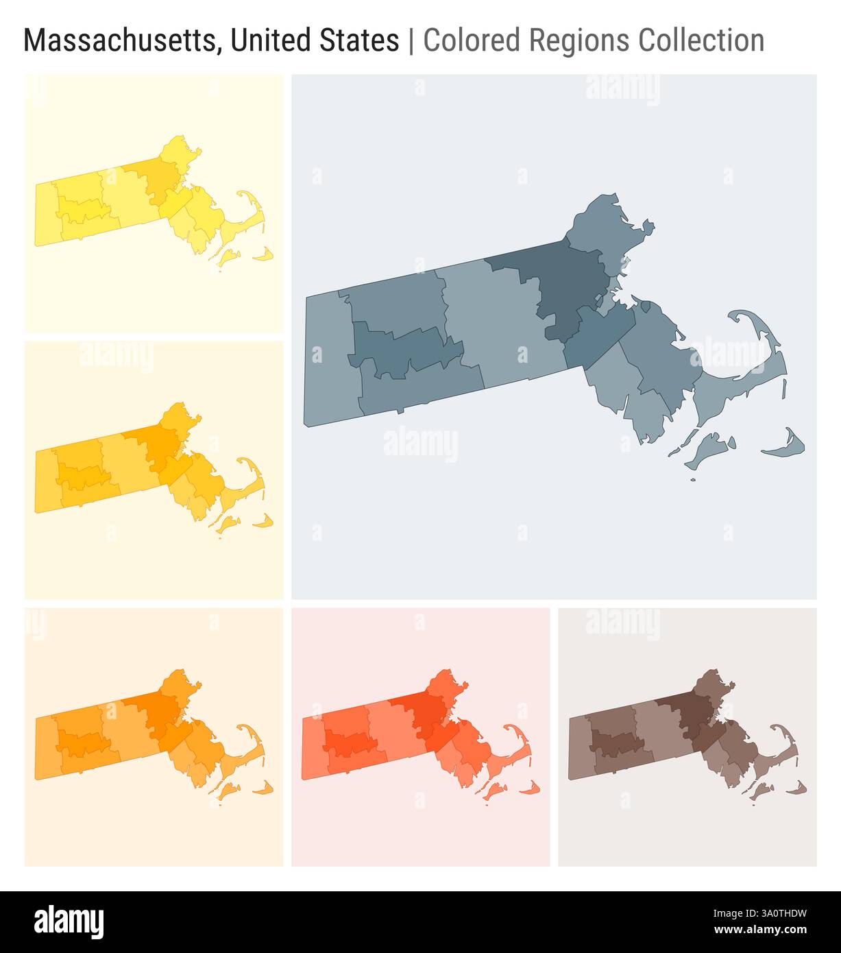 Massachusetts, United States. Map collection. State shape. Colored ...