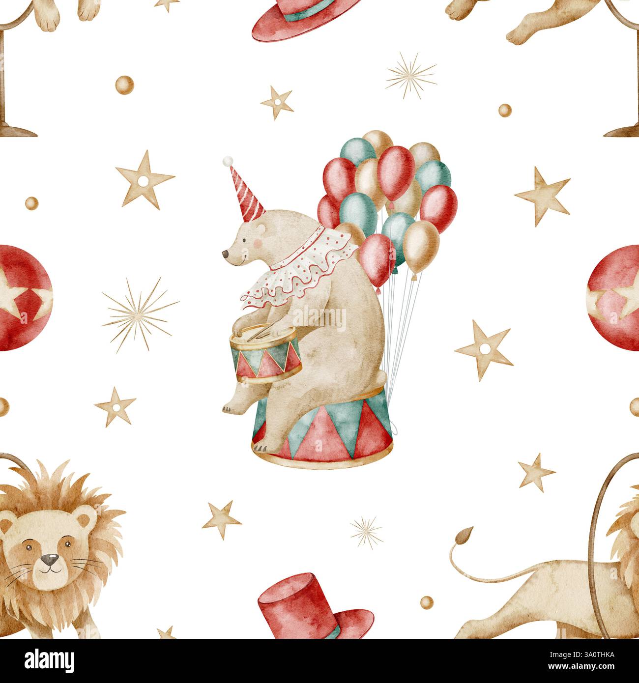 Watercolor Circus pattern with performing bear and colorful balloons ...