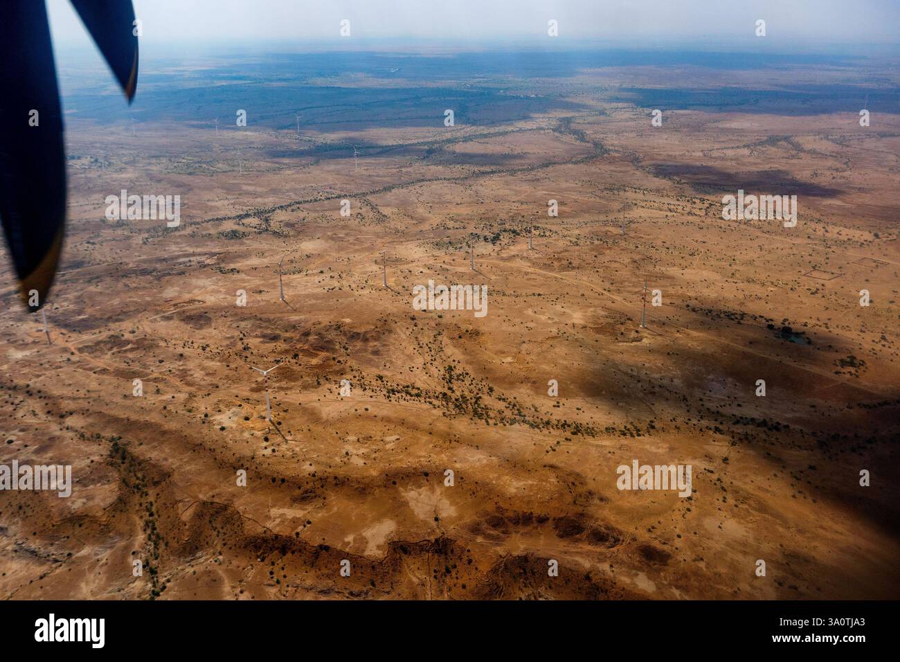 View of Thar desert from an aeroplane, Rajasthan, India. The propellers ...
