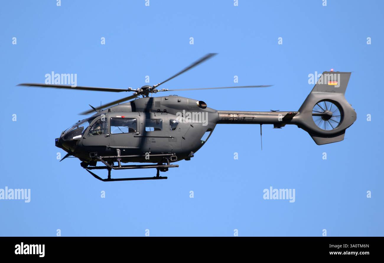German Air Force Airbus H145M military utility in flight over Fliegerhorst Jagel. Germany ...