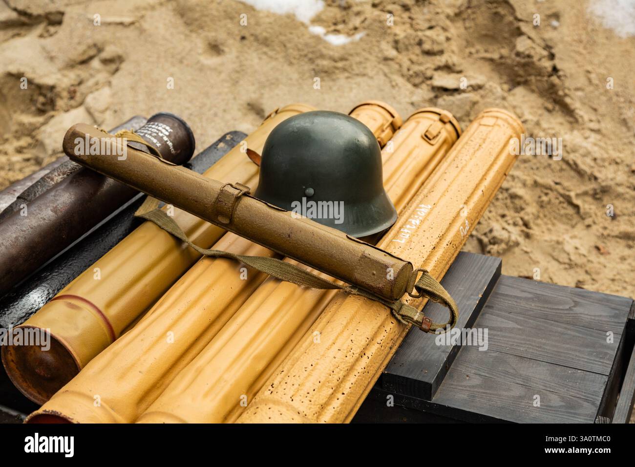 Close-up. Wooden and metal German military ammunition boxes on the ...