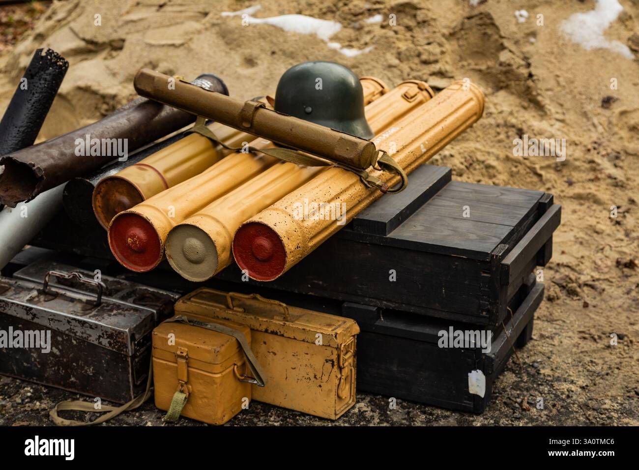 Close-up. Wooden and metal German military ammunition boxes on the ...