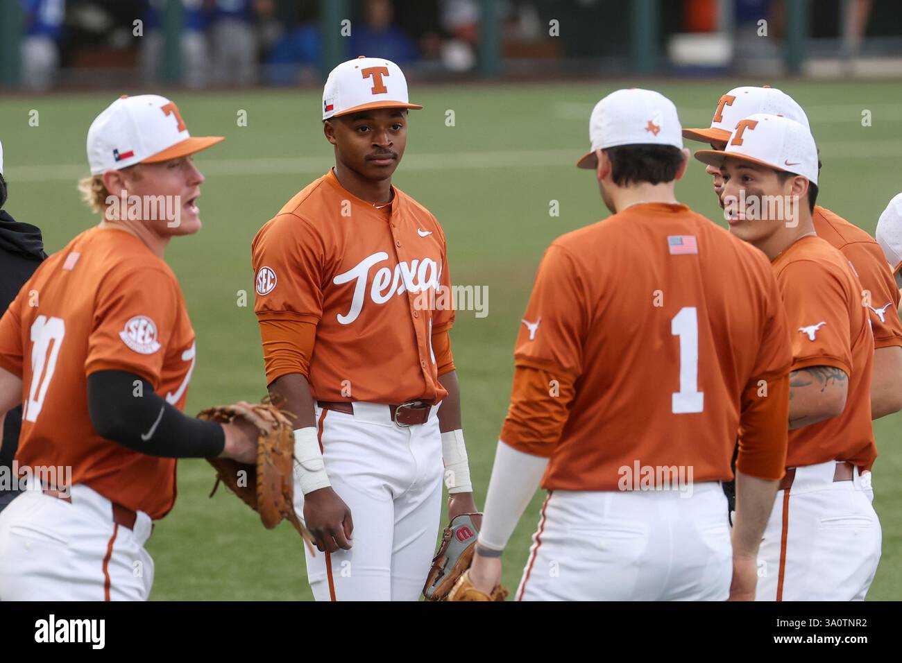 AUSTIN, TX - MARCH 04: Texas infielder Jayden Duplantier (0) talks to ...