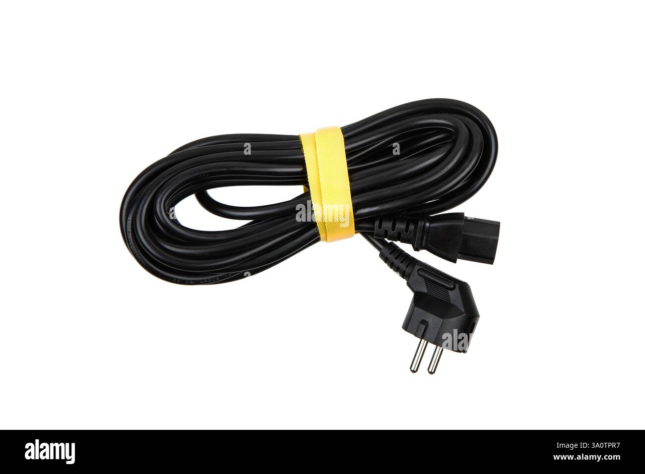 A coiled black power cable with a yellow strap, featuring a European ...