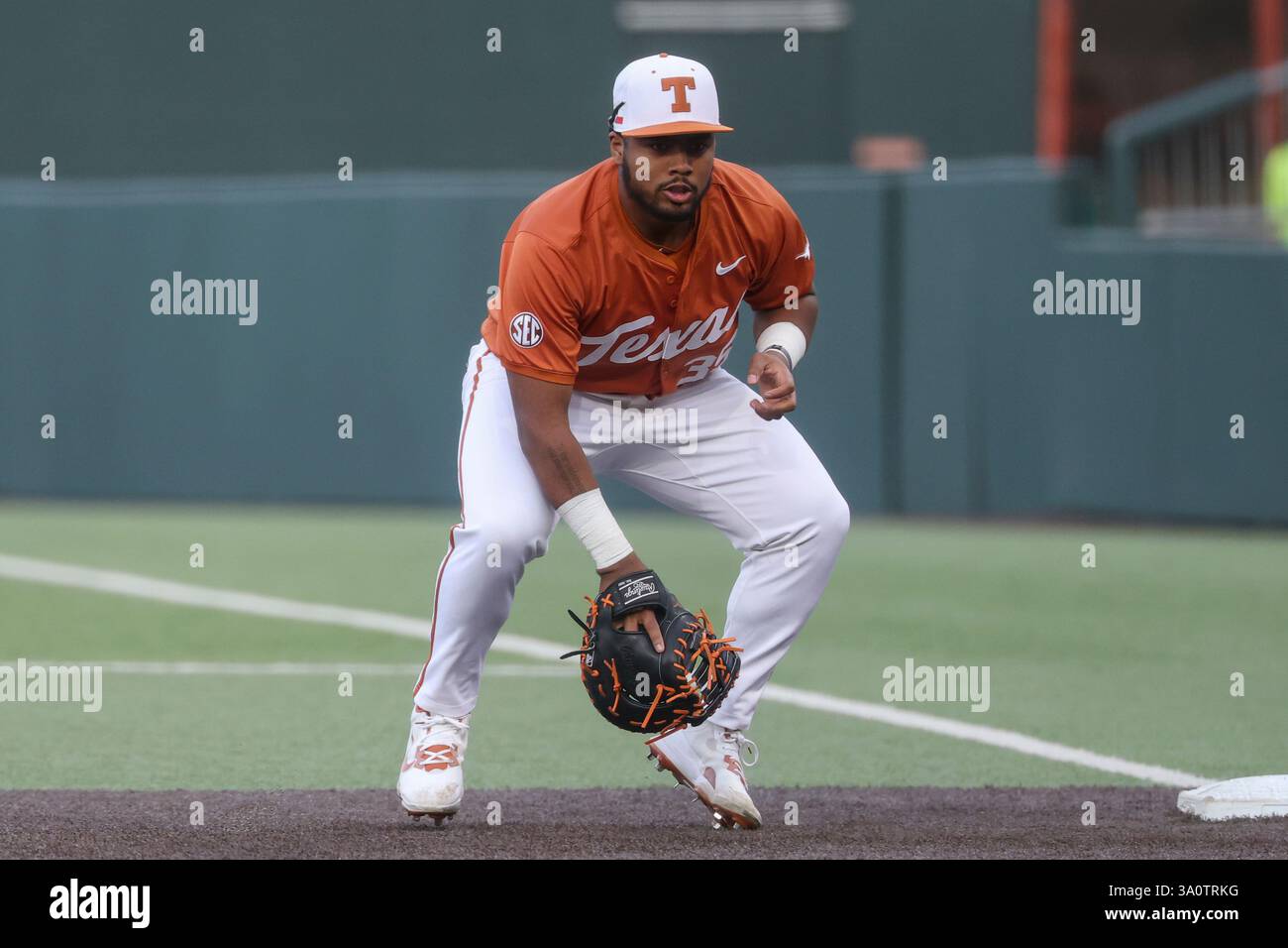 AUSTIN, TX - MARCH 04: Texas infielder Jaquae Stewart (35) readies to ...