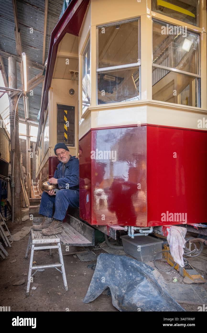 Guy Hall polishing the bell of Tram 53 built in 1936 by Brighton ...