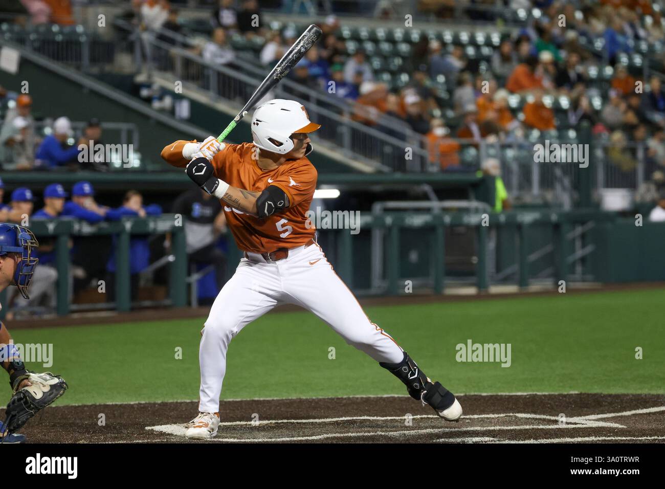 AUSTIN, TX - MARCH 04: Texas infielder Ethan Mendoza (5) readies for a ...