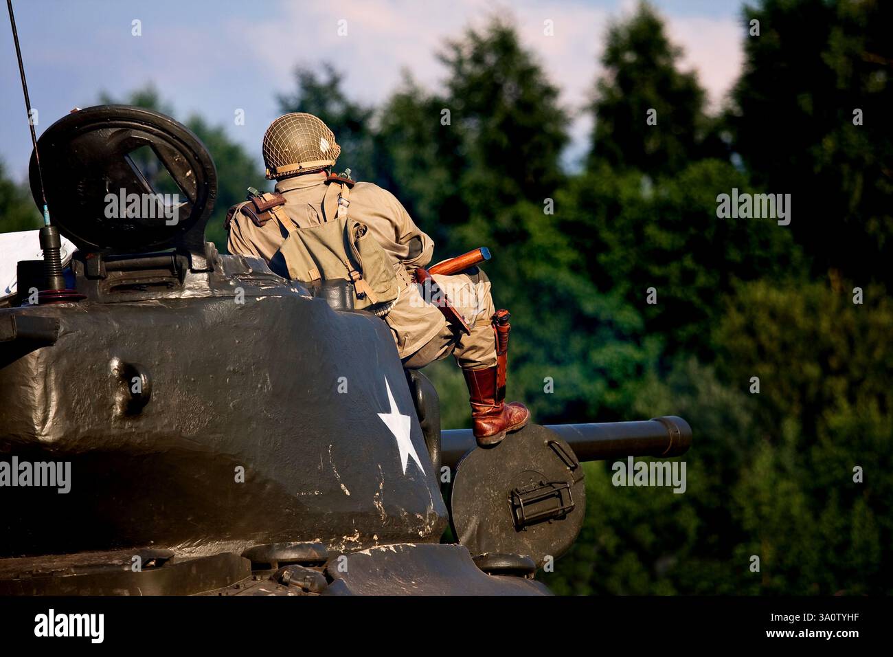 American World War II paratrooper on a tank. View from the back Stock ...