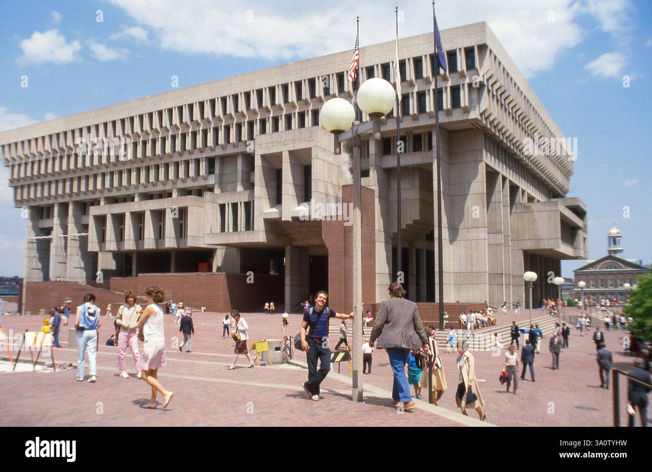 Boston City Hall, famous brutalist building west facade and busy City ...