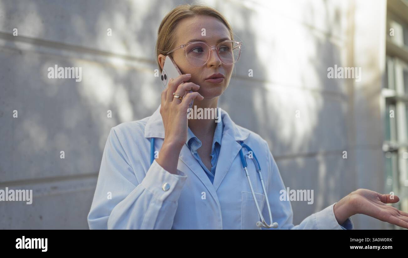 Woman doctor talking on phone in urban setting with stethoscope on her ...