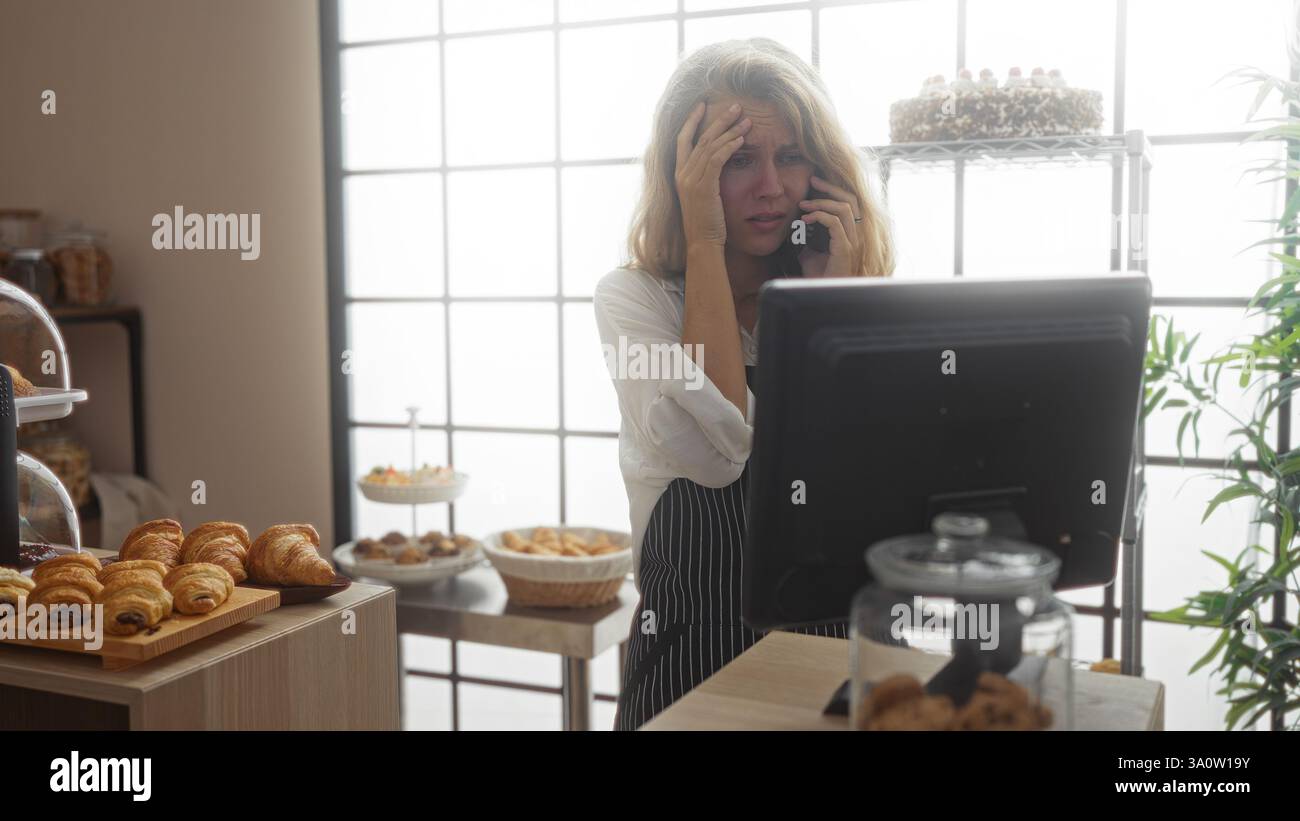 Blonde woman in bakery wearing an apron looks stressed while talking on ...