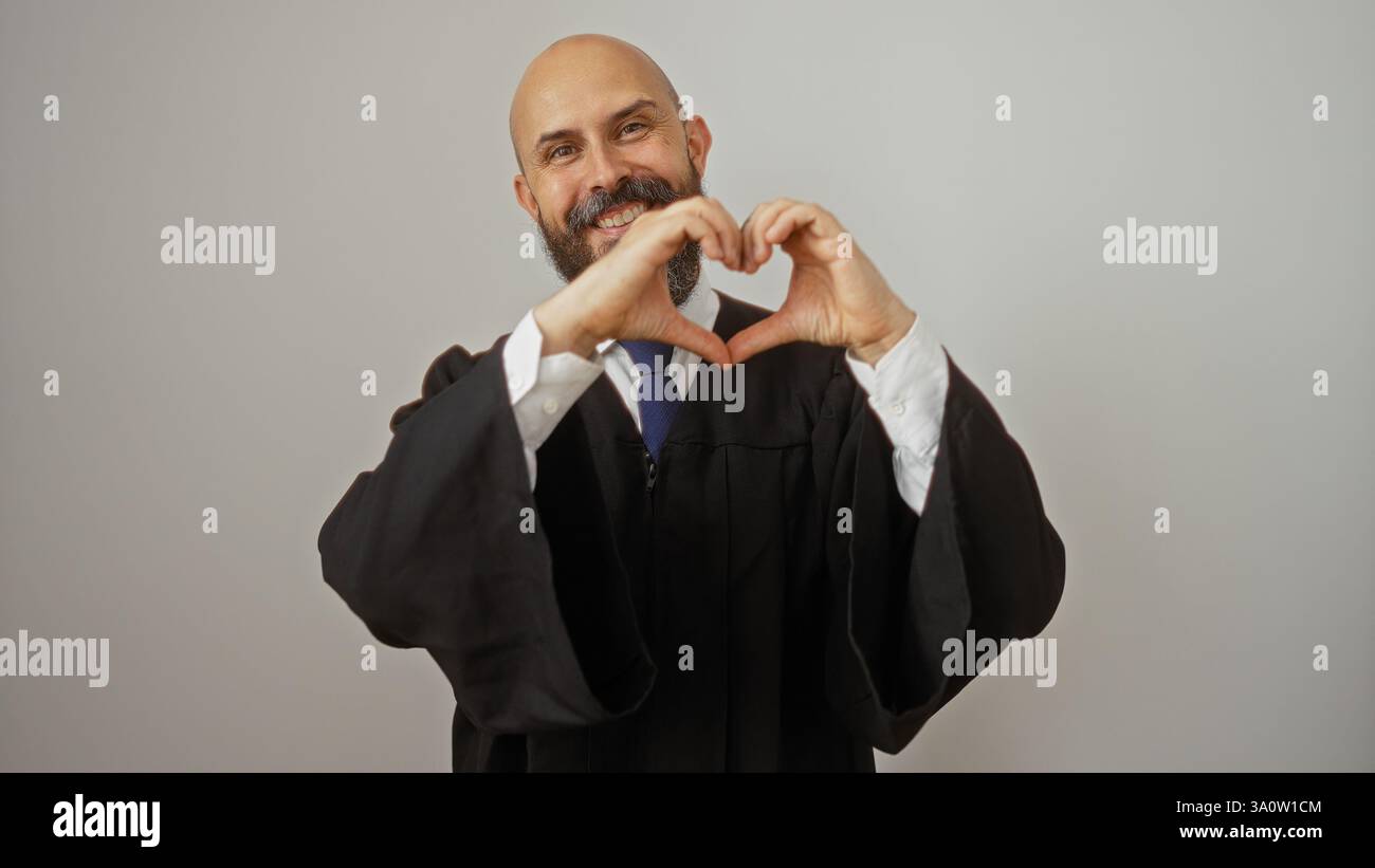 Bald hispanic man in a black suit, smiling and forming a heart shape ...