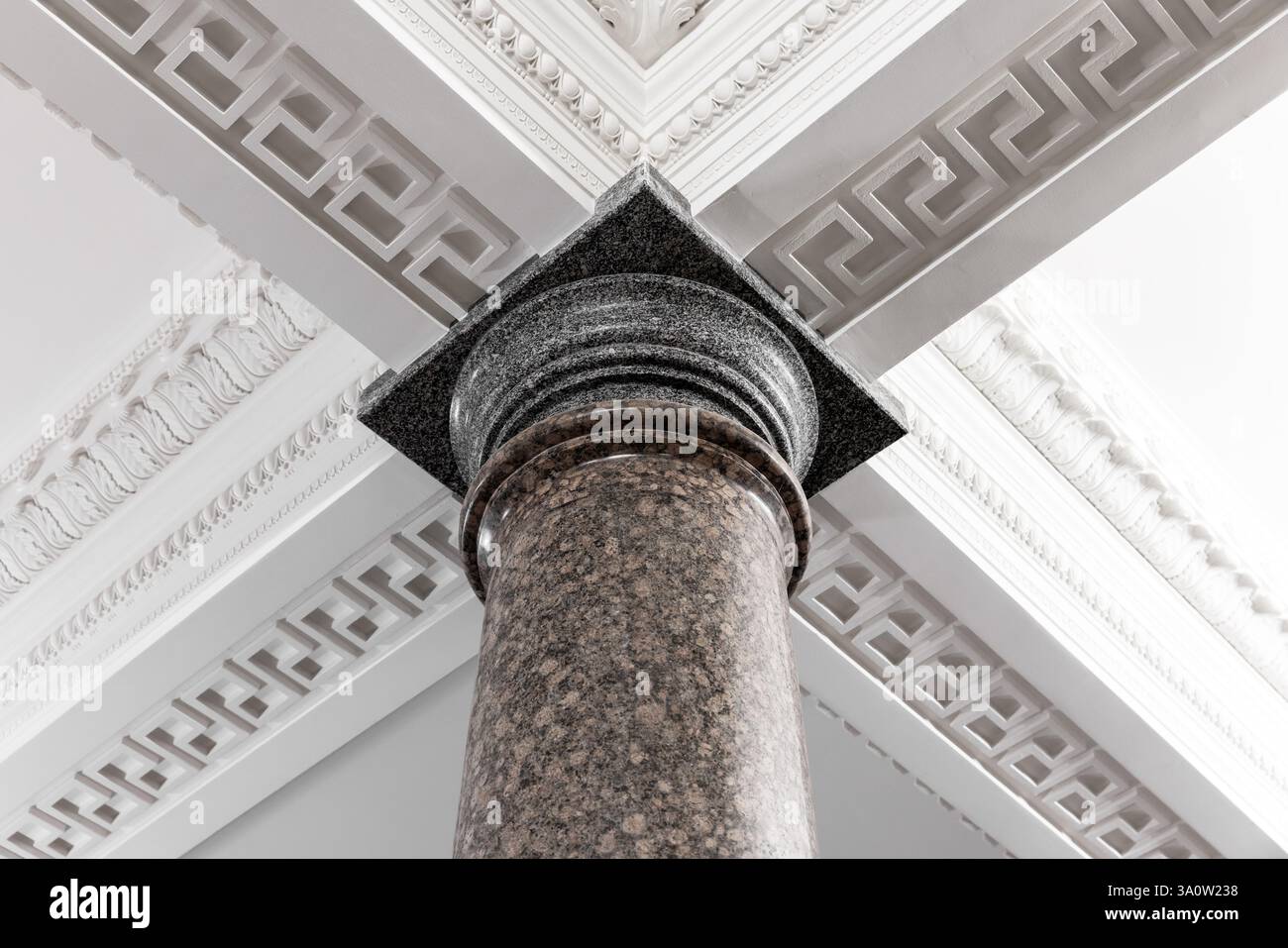 Classical white portico with granite pillar and greek patterns. Antique ...