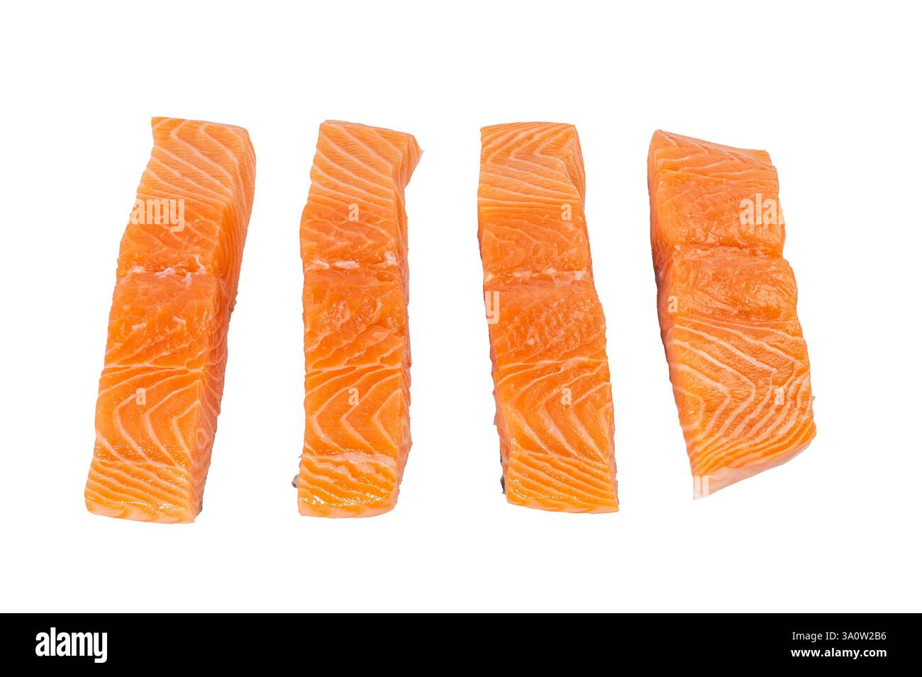 Four pieces of salmon are cut into four pieces. Salmon fish isolated on ...