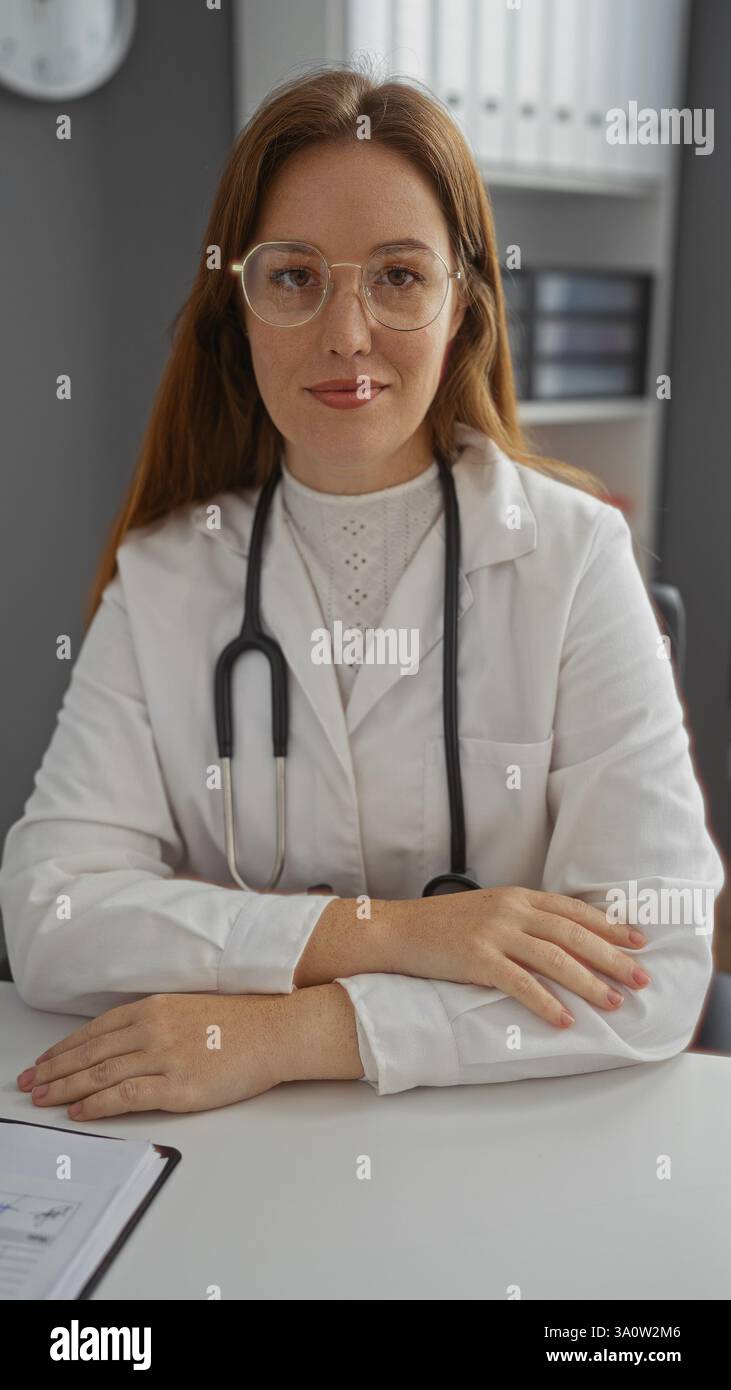 Woman doctor with red hair sits confidently in a clinical setting ...