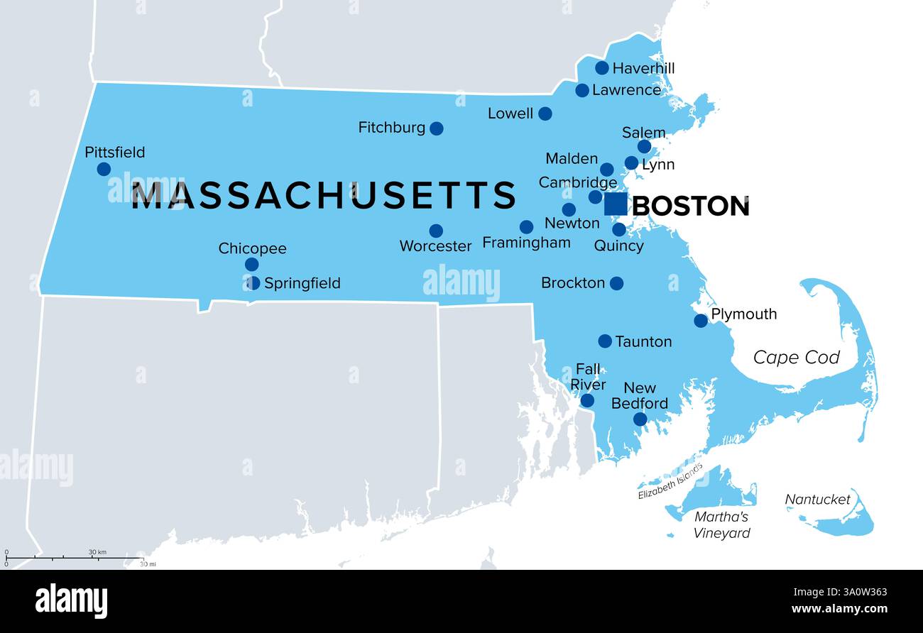 Massachusetts, U.S. state, political map. The Commonwealth of Massachusetts, a state in the New ...