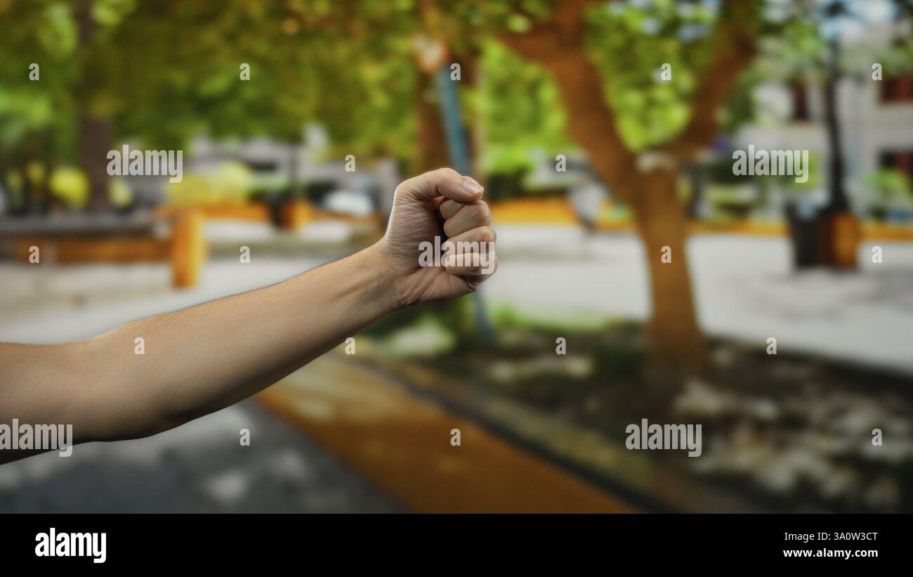 Man's hand clenched in a fist representing strength and determination ...