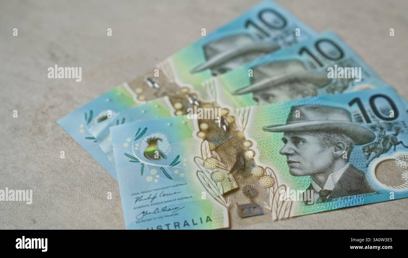 Australian banknotes on a concrete surface showcasing vibrant ten ...