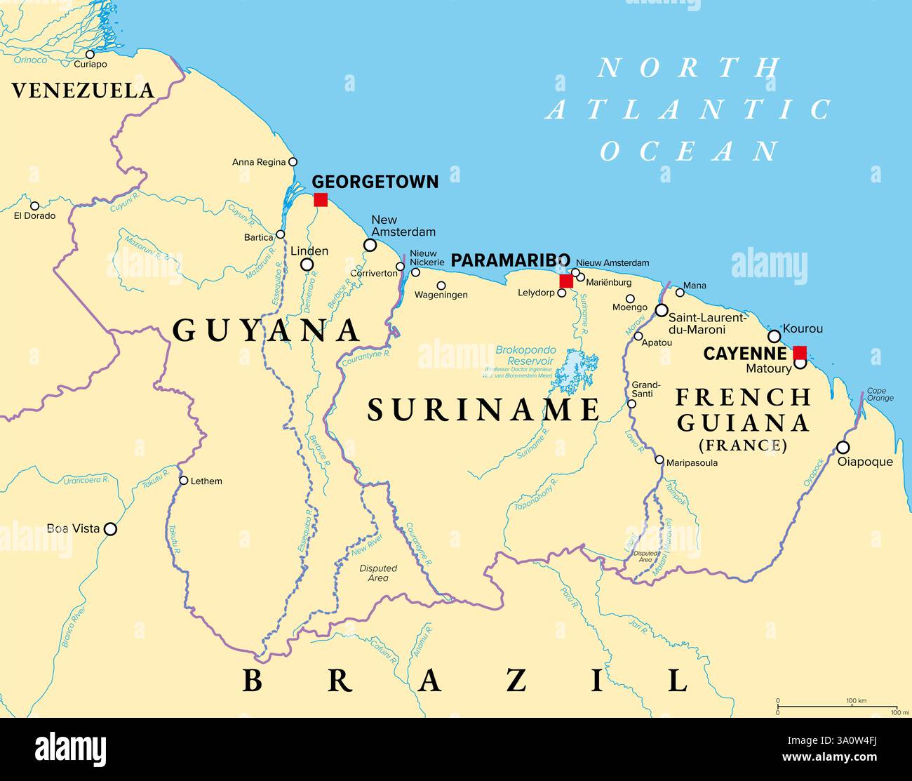Guyana, Suriname, and French Guiana, political map. Two countries and ...