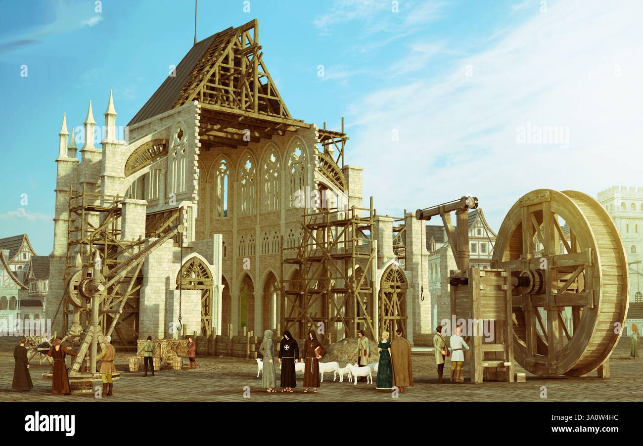 European medieval town cathedral construction site, 3d render Stock ...