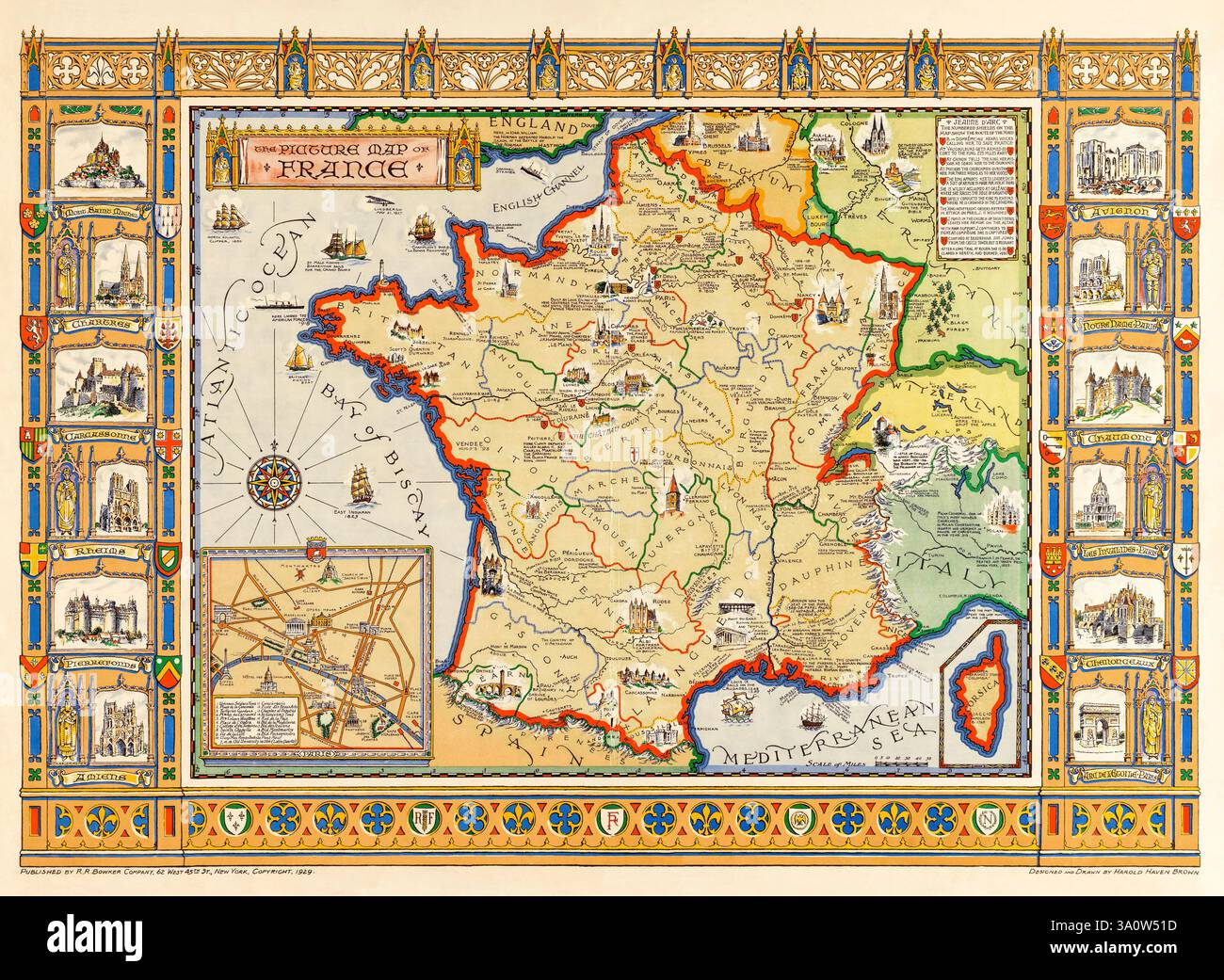 Vintage Picture Map of France by Harold Haven Brown, 1929 Stock Photo ...