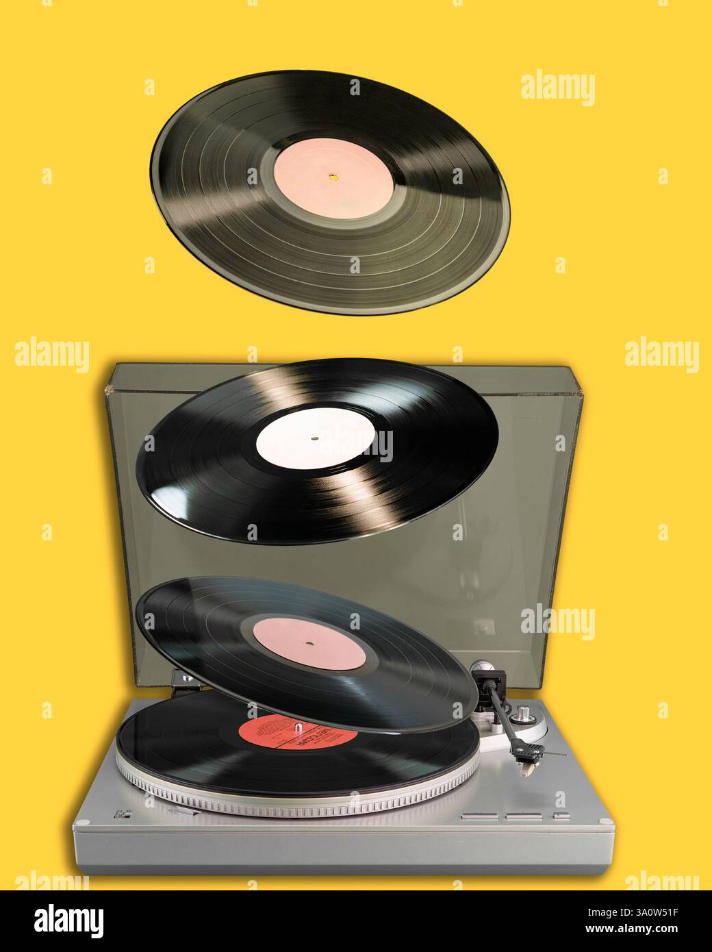 A creative surreal composition featuring multiple floating vinyl ...