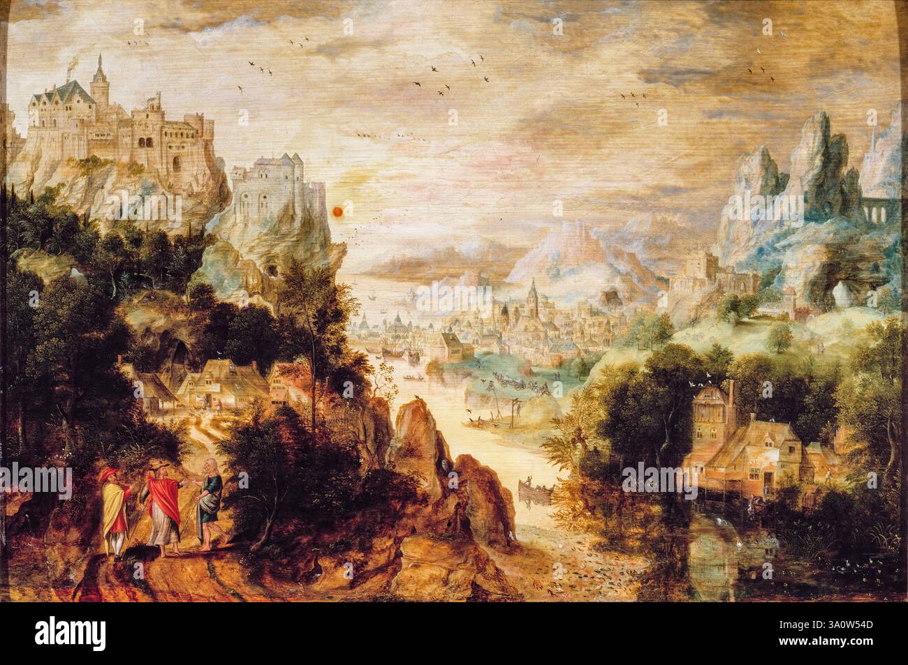 Landscape with Christ and the Emmaus Pilgrims, painting in oil on panel ...