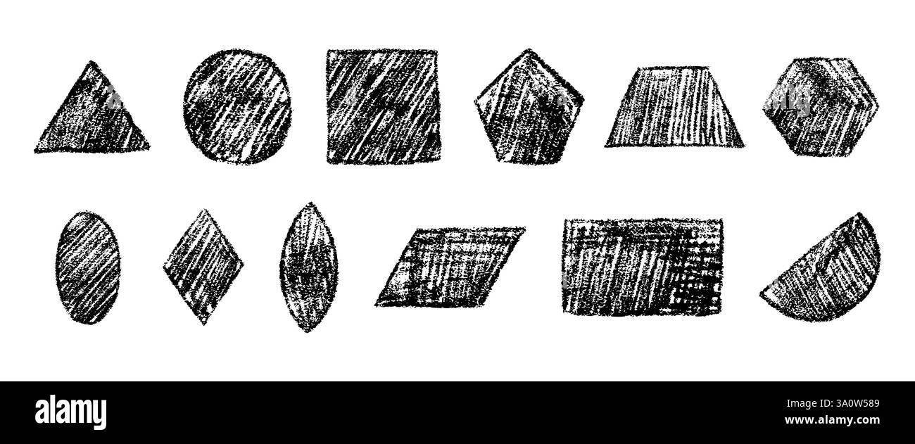 Geometric shapes hand drawn with black pencil. Crayon brush texture ...