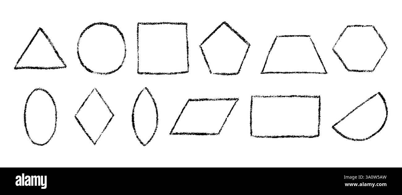 Pastel kids geometric shapes with crayon brush texture. Black pencil ...