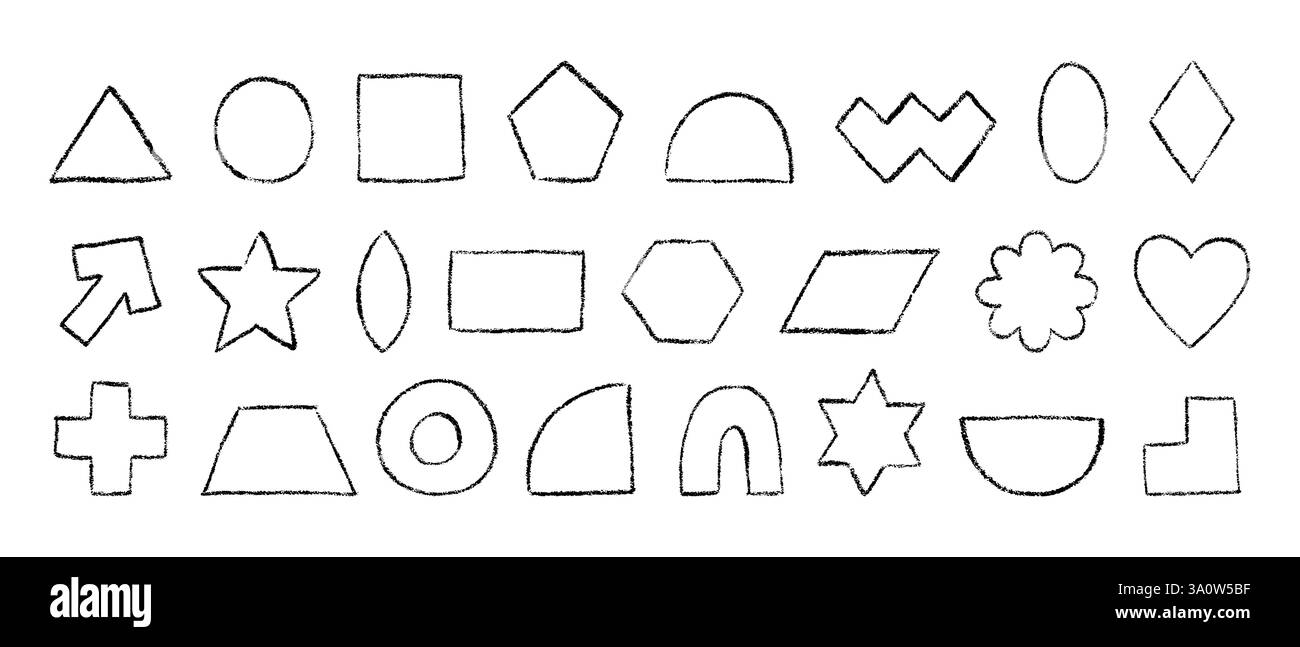 Charcoal texture figure set. Outline geometric shapes hand drawn with ...