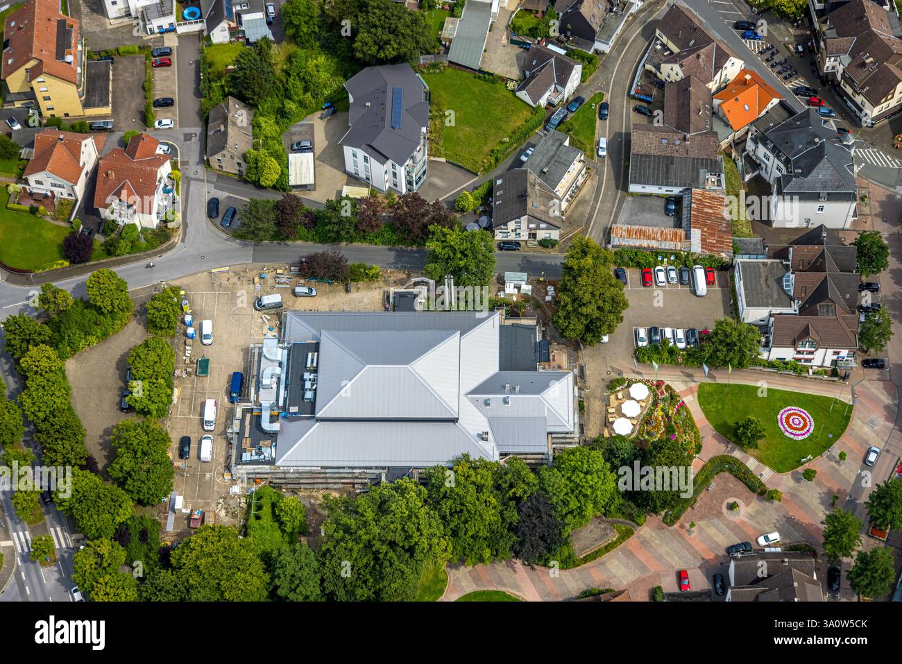 Aerial view, community centre Wickede Festhalle, construction site with ...