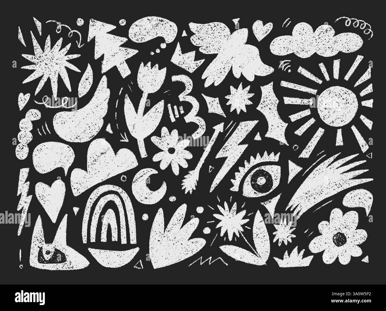 Funky abstract kid design objects hand drawn with black chalk. Doodle ...