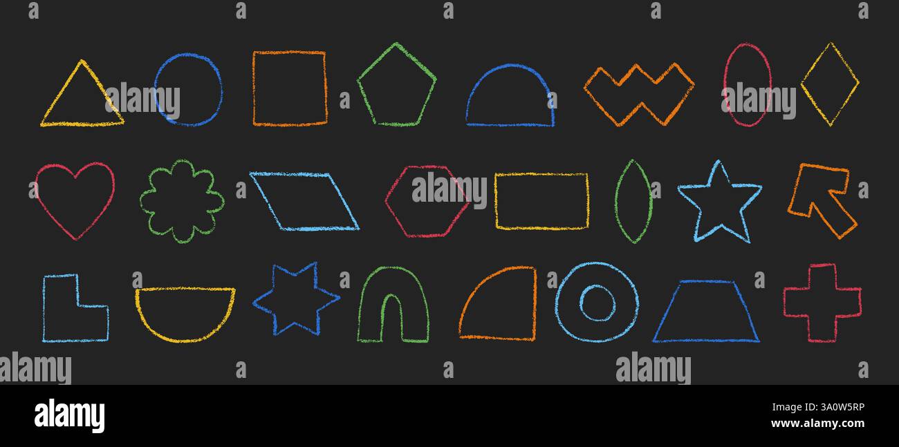Crayon textured geometric figures collection. Outline basic shapes hand ...