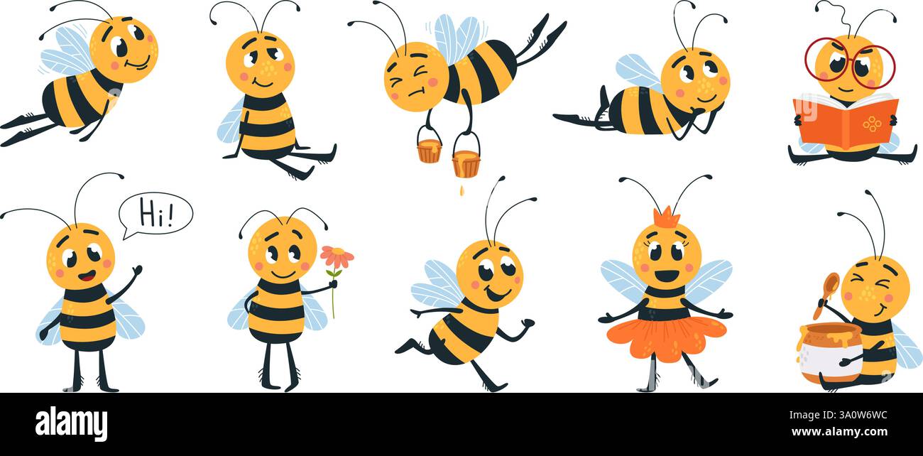 Funny bee. Wild insects in different poses. Bee read book, dancing ...
