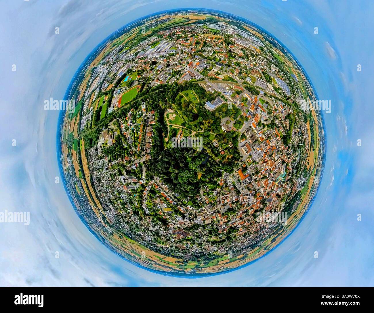 Aerial view, Kurpark forest area with salt works, construction site at ...
