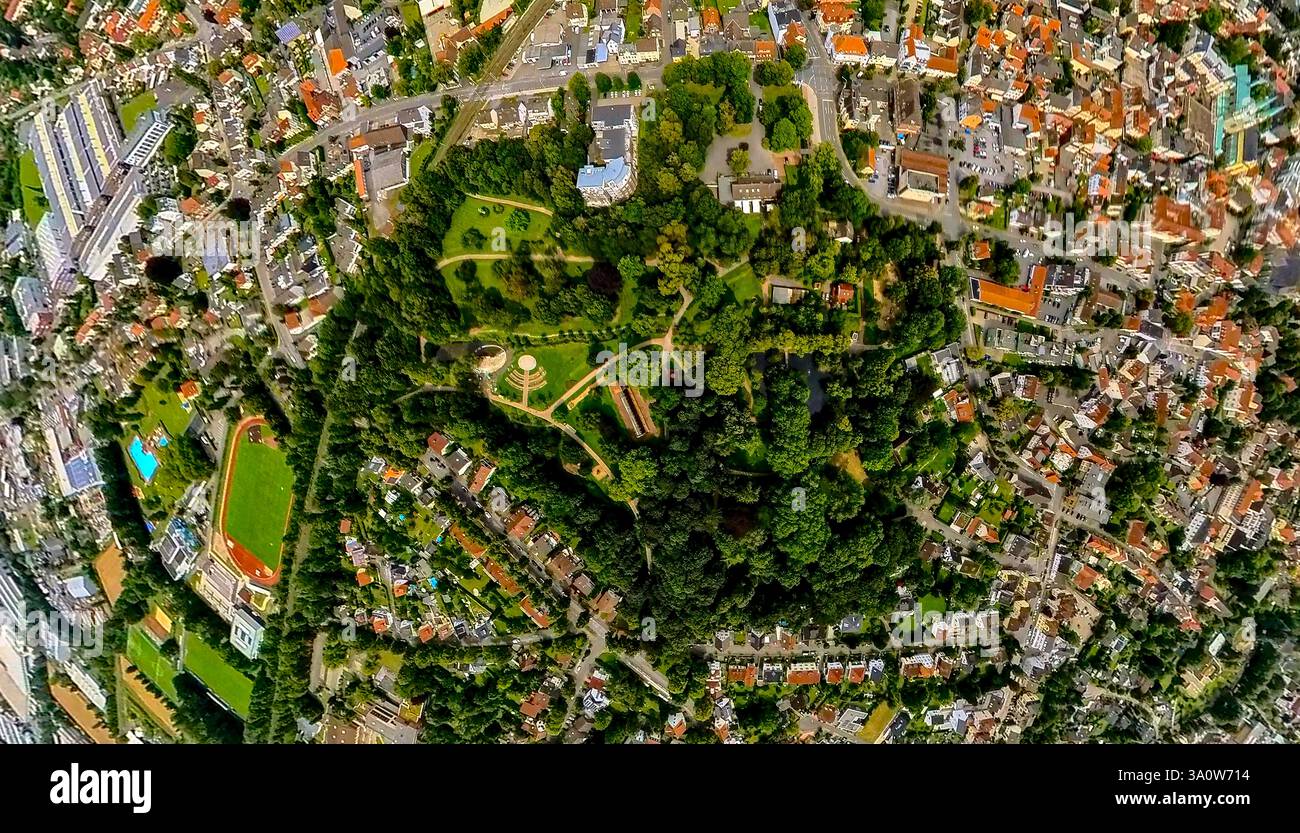 Aerial view, Kurpark forest area with salt works, construction site at ...