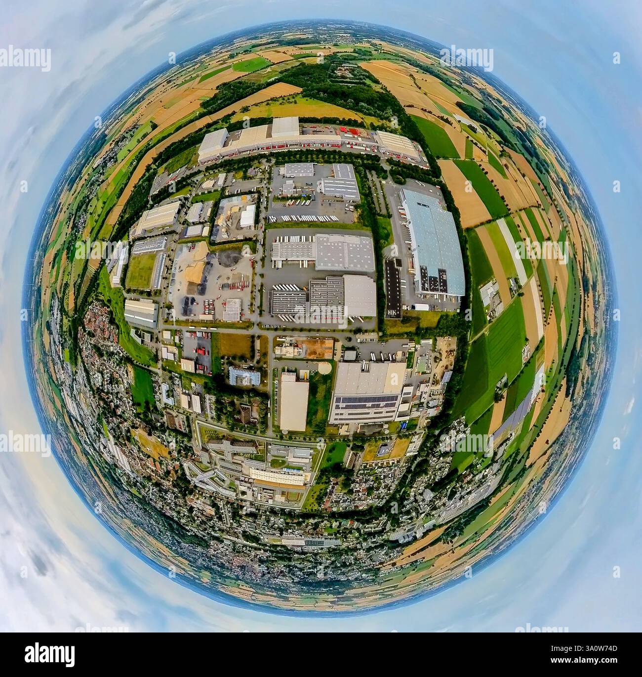 Aerial view, industrial estate north Hansering, earth globe, fisheye image, 360 degree image ...