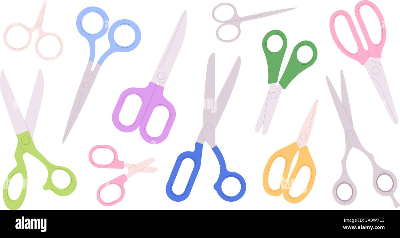 Cartoon scissors. Flat scissor different type for cut paper, fabric ...
