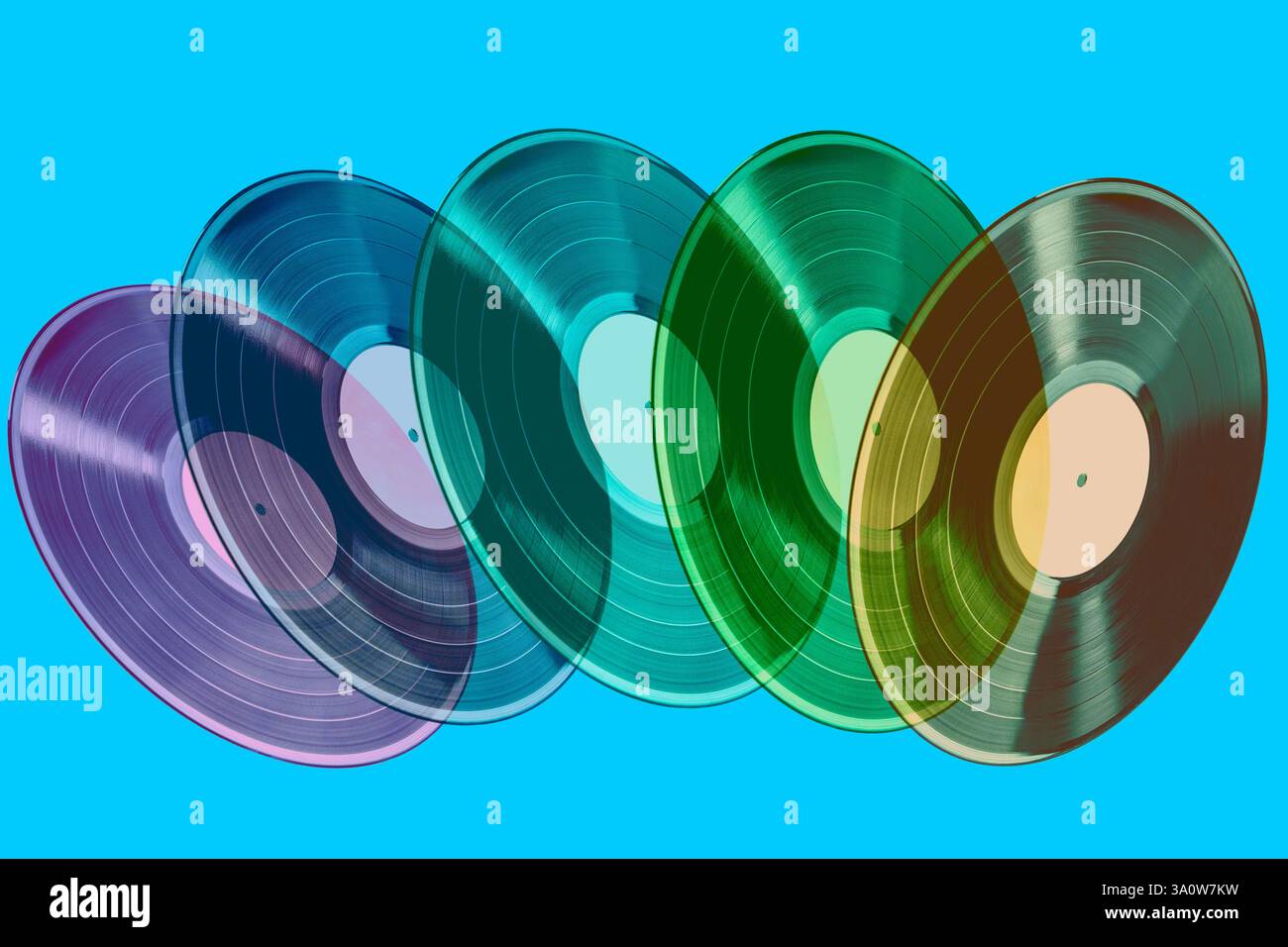 A dynamic composition of multiple transparent vinyl records in vibrant ...