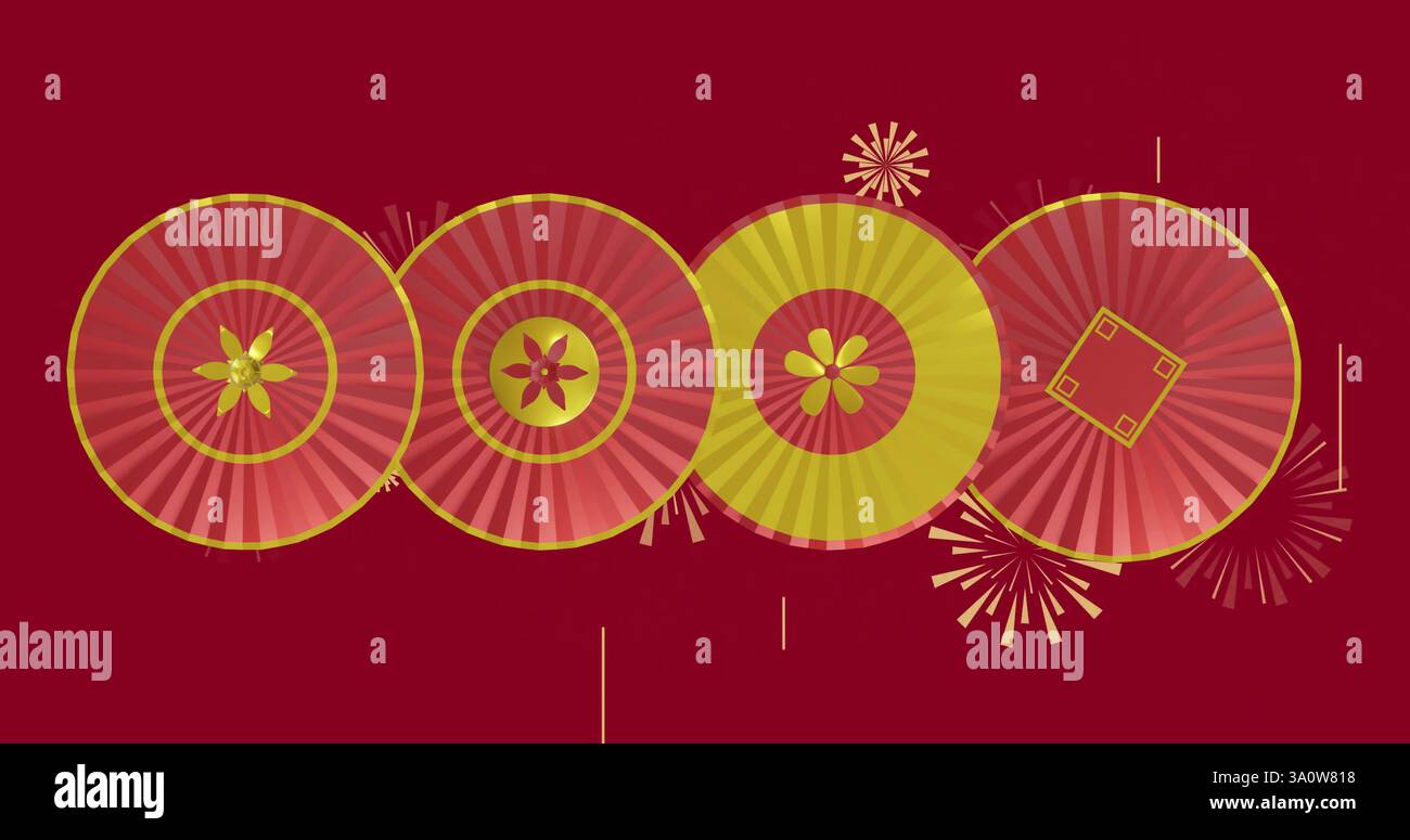 Image of red and yellow circles with shapes over fireworks on red ...
