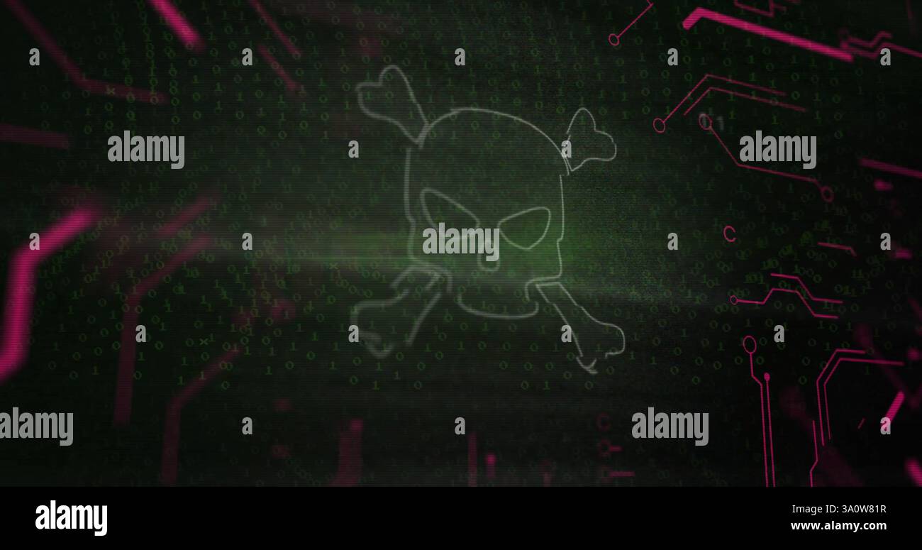 Skull and crossbones image over binary code and green digital ...