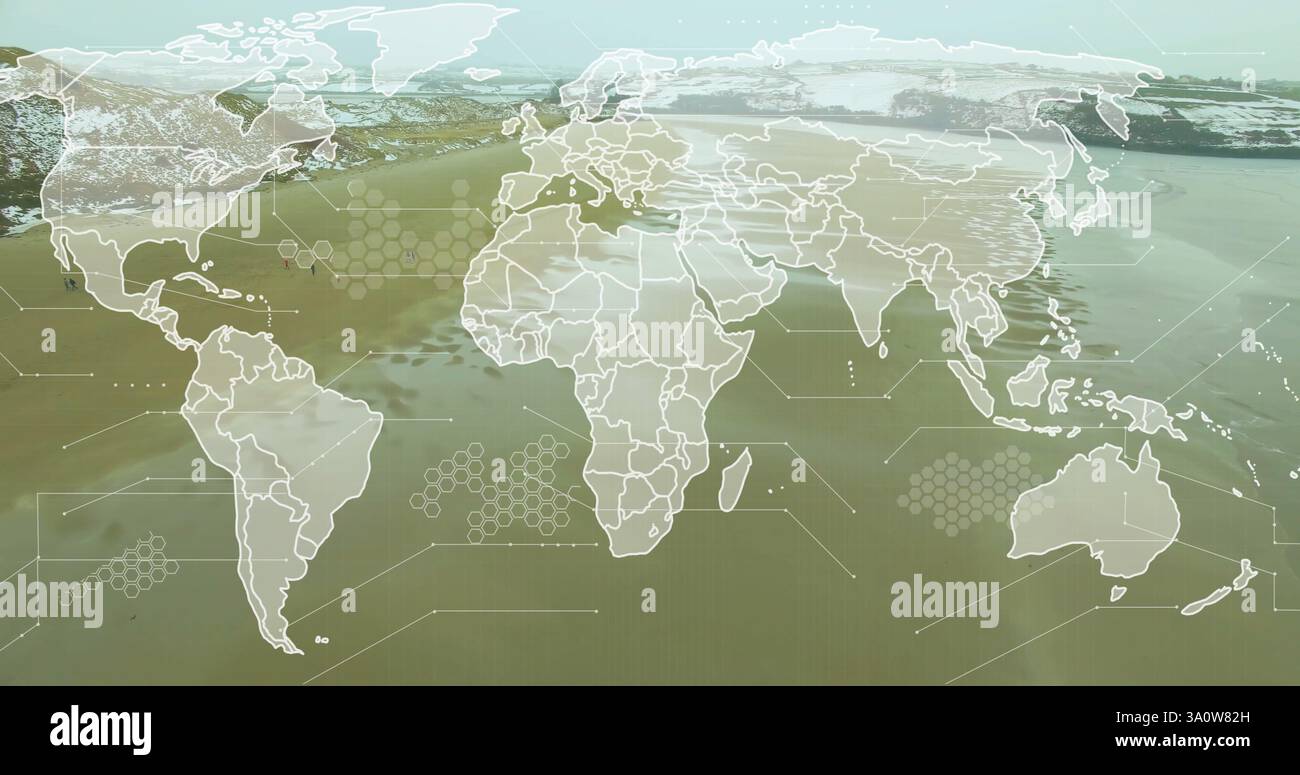 Image of world map over landscape Stock Photo - Alamy